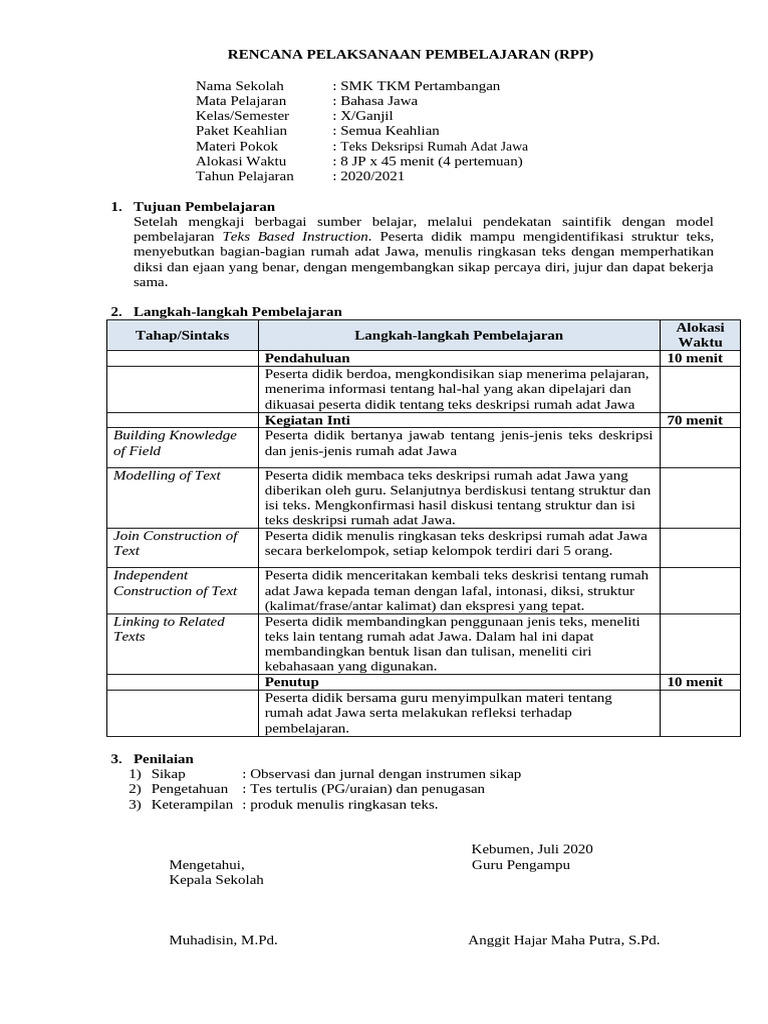 RPP Teks Deskripsi Rumah Adat Jawa | PDF