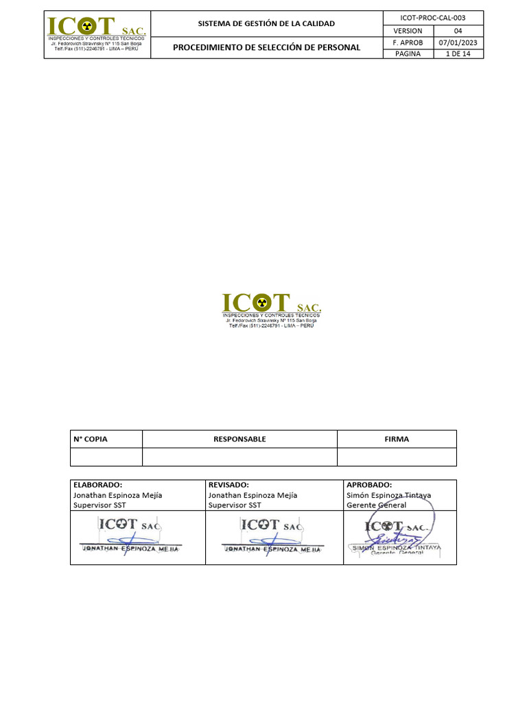 Procedimiento de Seleccion Del Personal ICOT 2023 | PDF | Gestión de ...
