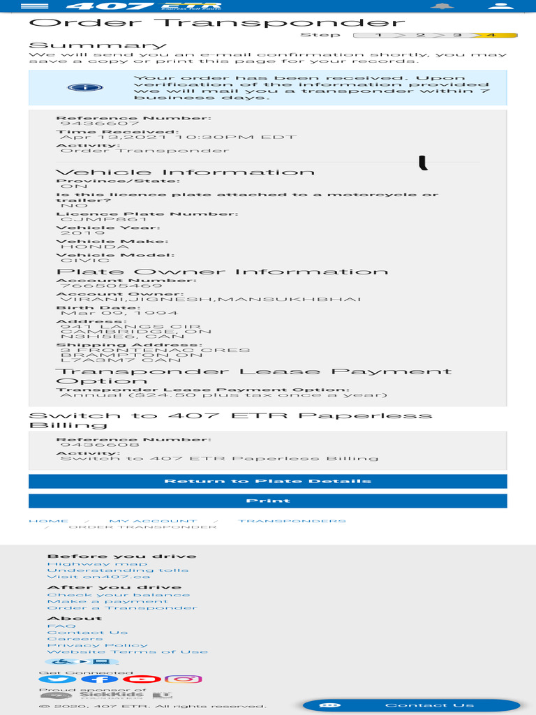 Order Transponder Step 4 407 ETR | PDF
