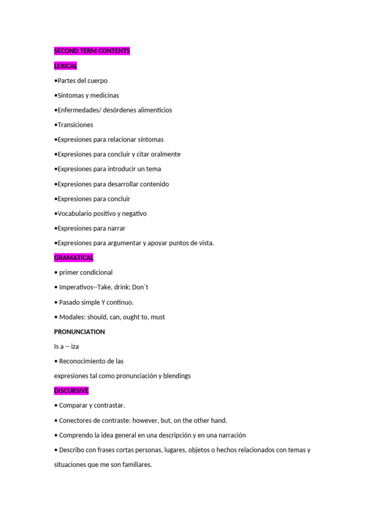 Contenidos del Segundo Término: Salud y Lenguaje | PDF