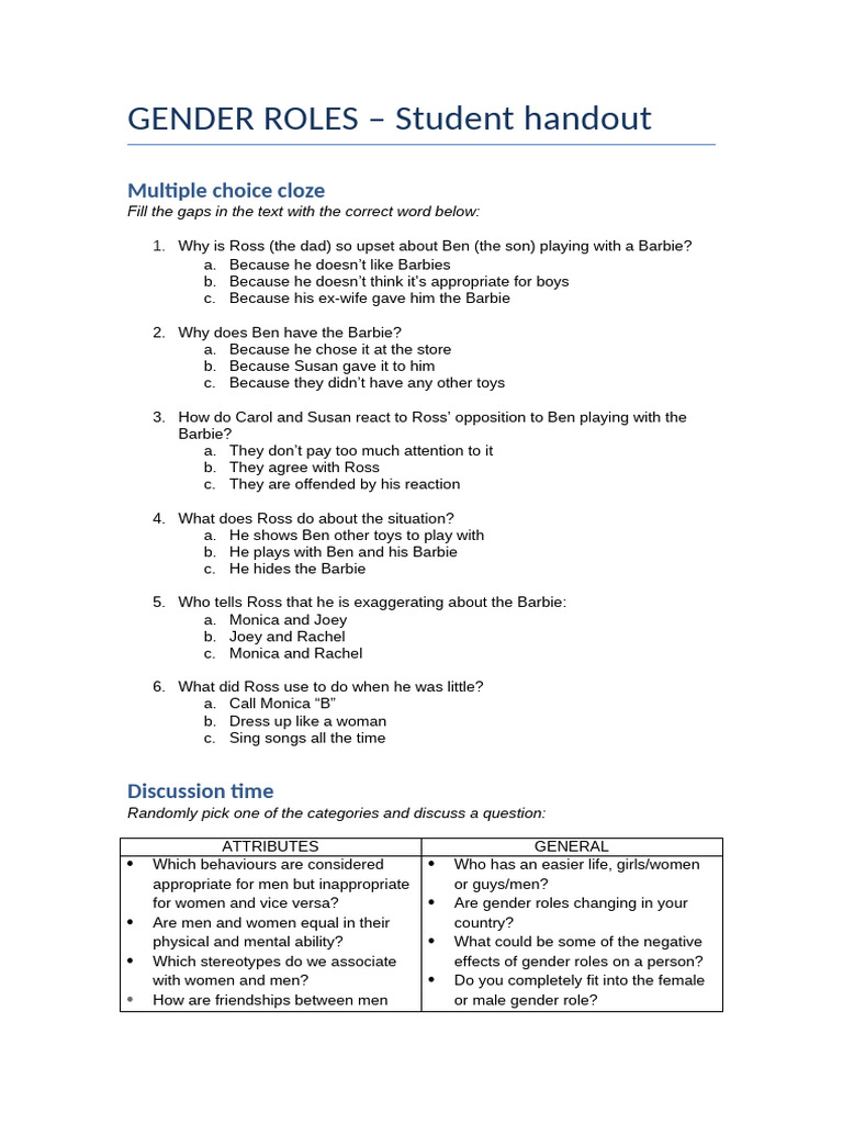 gender-student-handout | PDF | Gender Role | Gender