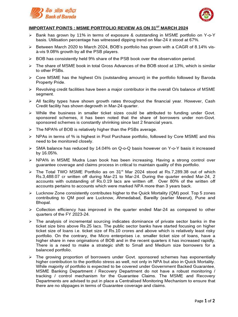 Important points - MSME Portfolio Review Note | PDF | Economies | Private Sector