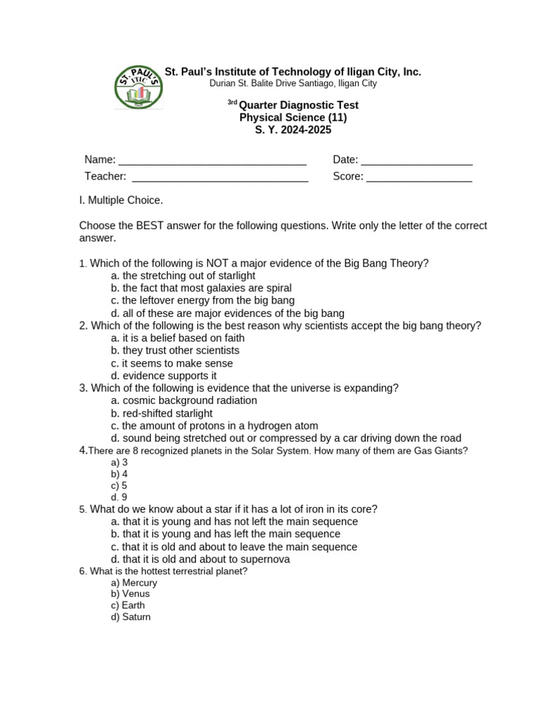 3rd Summative Physical Science | PDF | Planets | Saturn