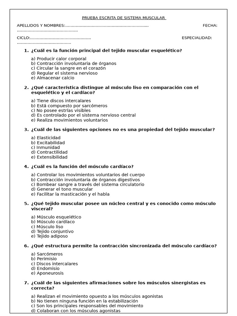 examen de sistema muscular | PDF | Músculo | Corazón