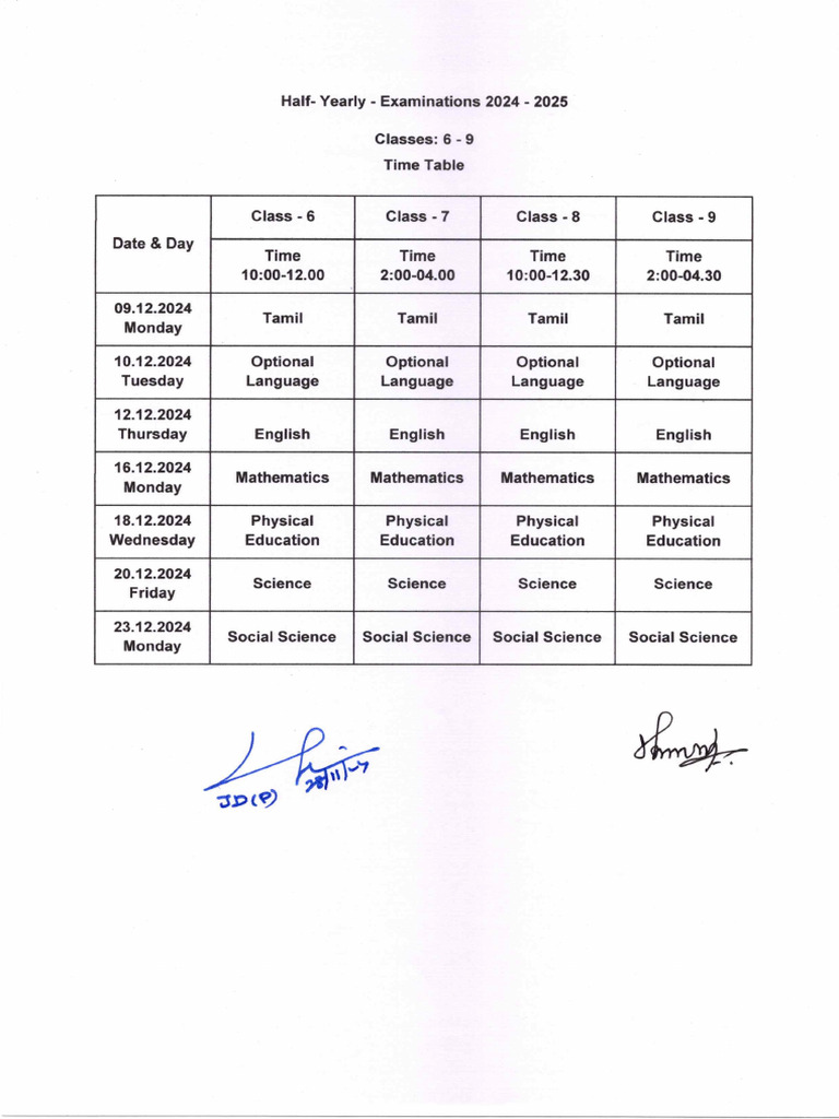 Time Table - Class 6 12 - Half Yearly Examinations - December 2024 1 | PDF