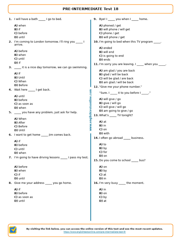 Pre-Intermediate English Test 18 | PDF