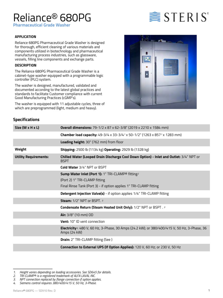 Reliance 680PG Pharmaceutical Grade Washer Technical Data Sheet | PDF ...