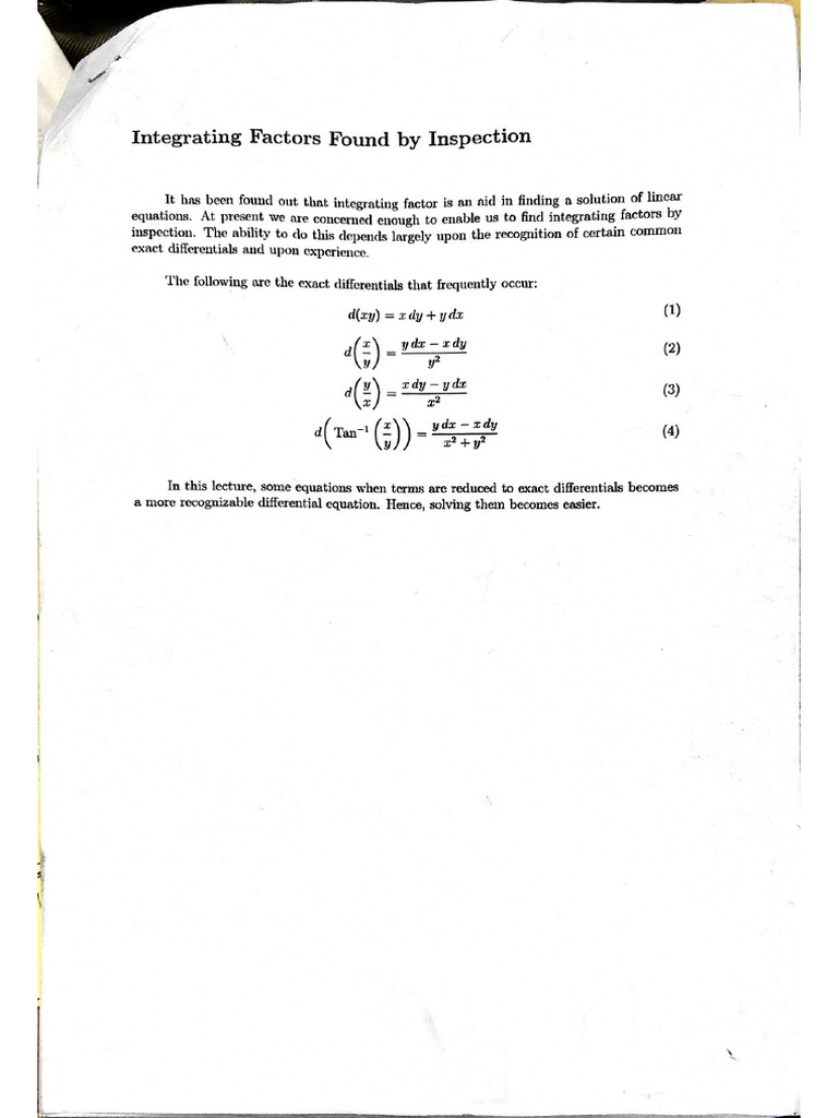 DE Integrating Factors by Inspection | PDF