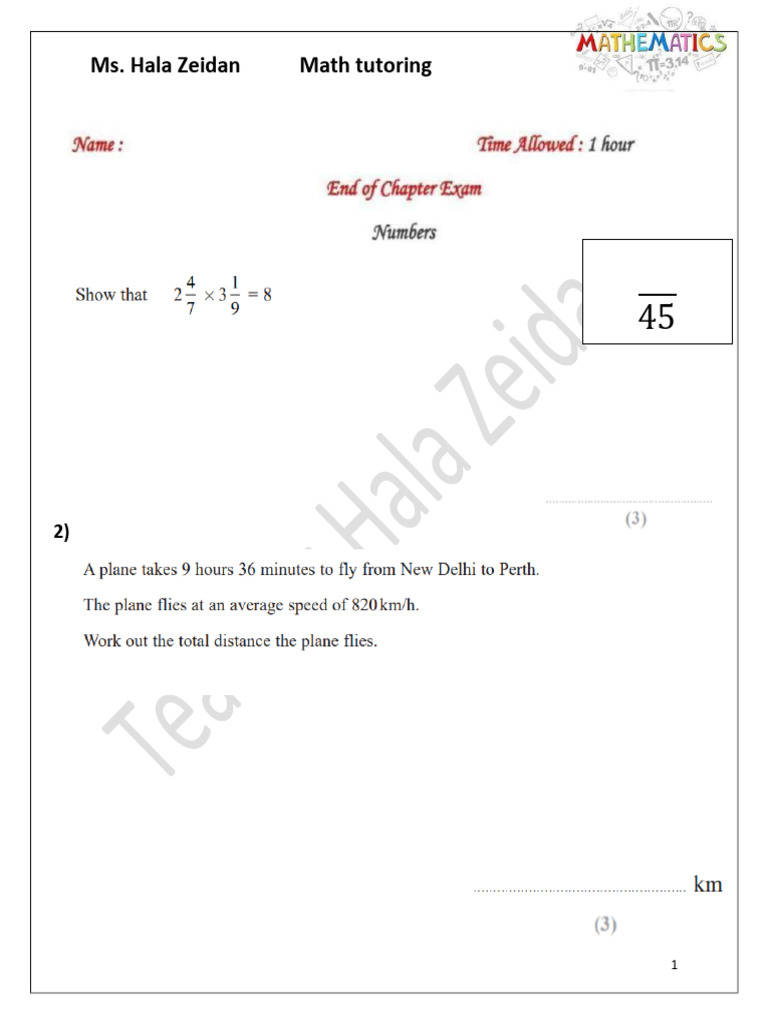 End of Chapter Exam (Numbers) | PDF
