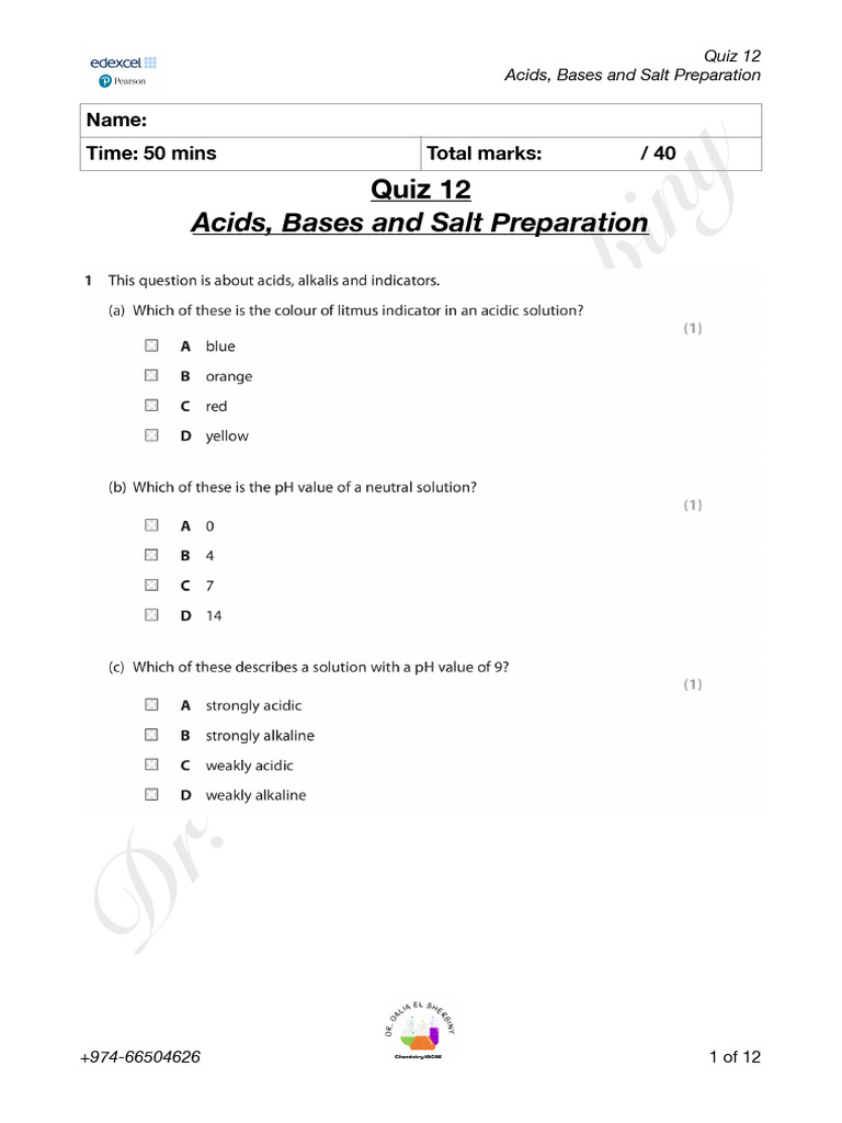 Quiz 12 - Acids, Bases and Salt Preparation | PDF | Chemical Compounds ...