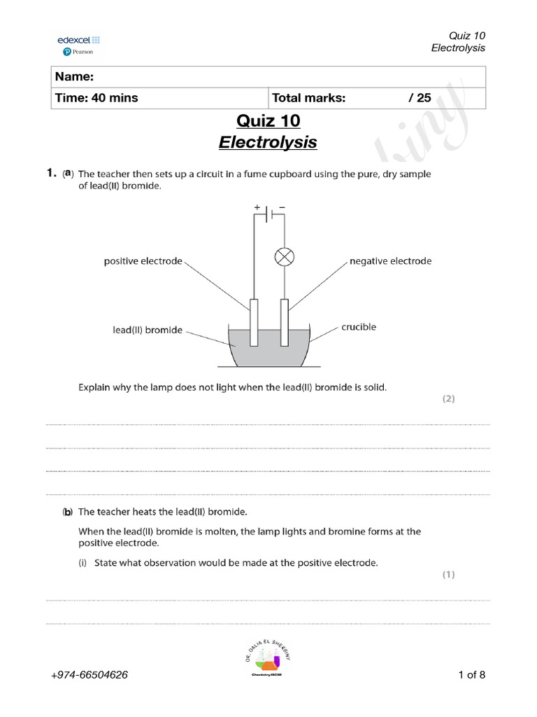 Quiz 10 - Electrolysis | PDF
