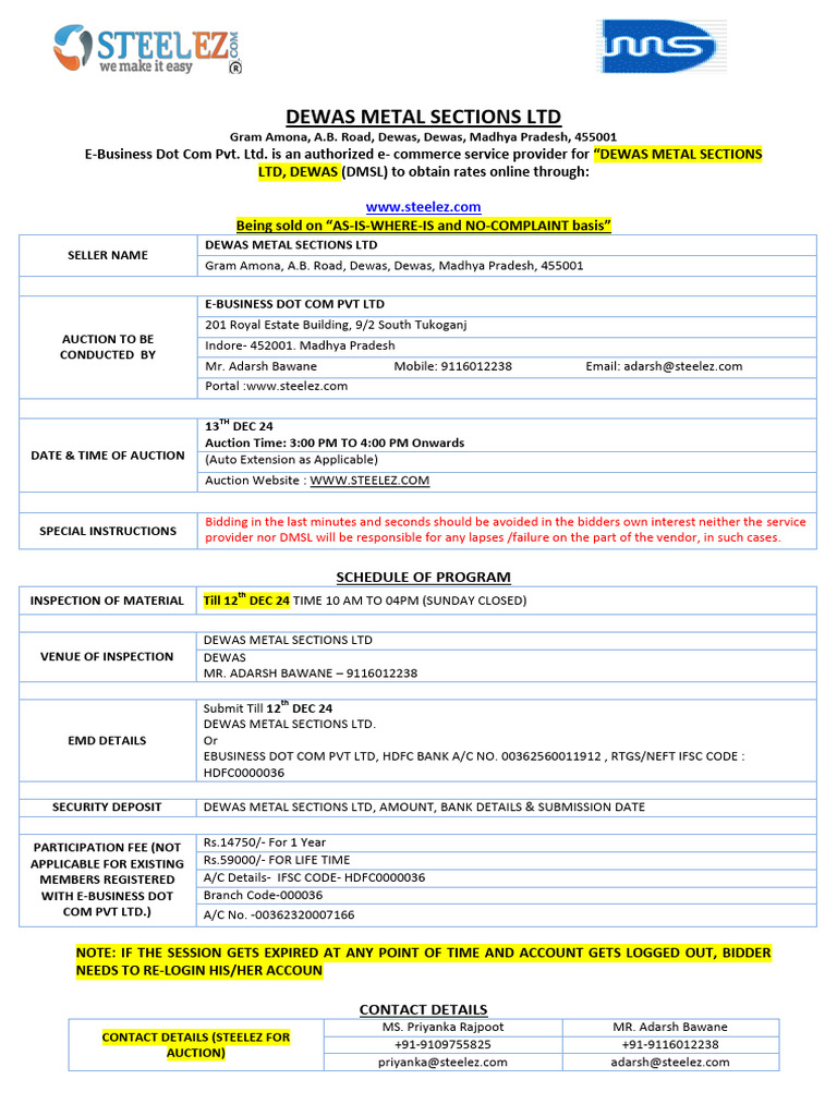 DMSL Dewas Eauc 13 Dec 24 | PDF | Auction