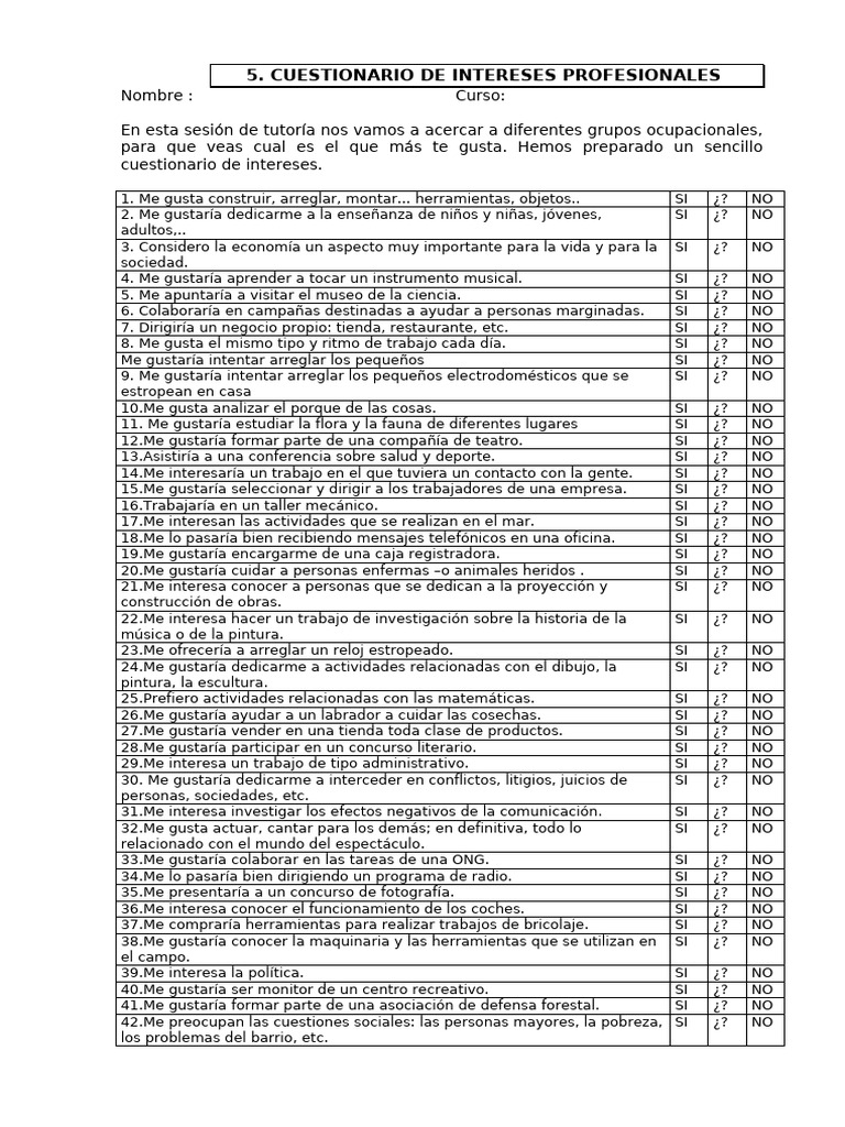 Cuestionario de Intereses Profesionales | PDF
