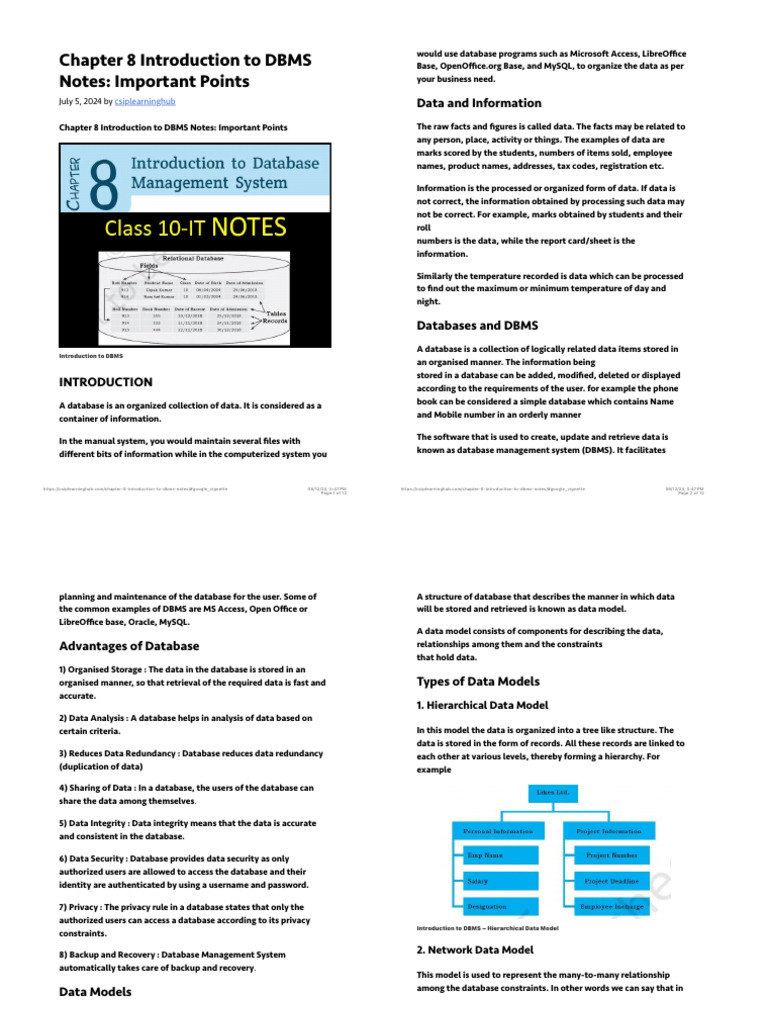 Chapter 8 Introduction To Dbms Notes Important Points Cs Ip Learning Hub Pdf Relational
