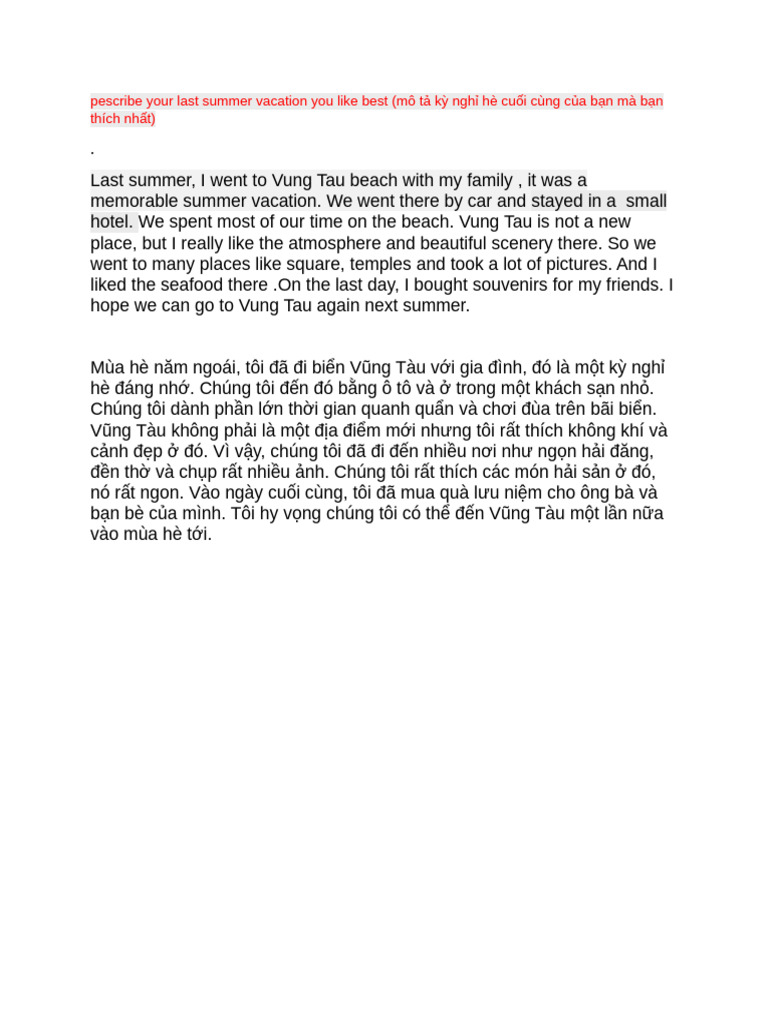 Pescribe Your Last Summer Vacation You Like Best | PDF