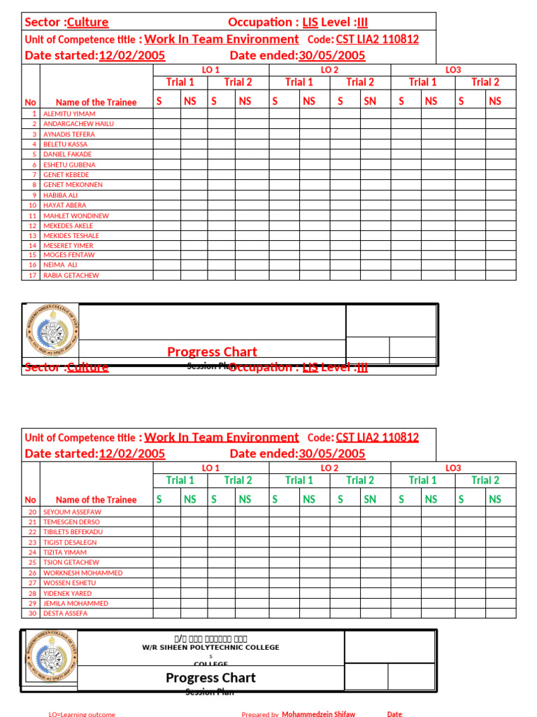Teamwork Progress Chart for LIS Level III | PDF