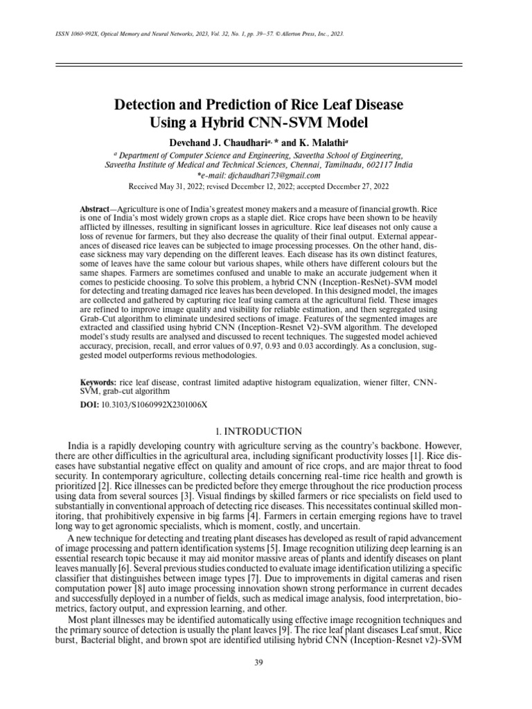 Detection and Prediction of Rice Leaf Disease Using A Hybrid CNN-SVM Model | PDF | Receiver ...