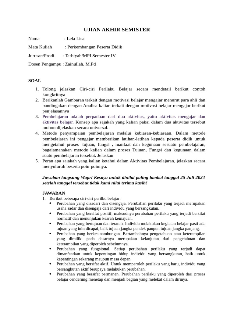 Jawaban Lelalisa Ujian Akhir Semister IV | PDF