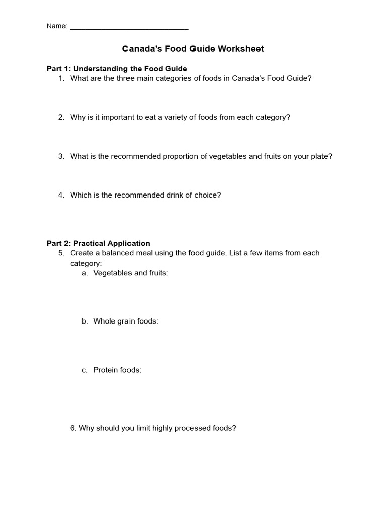 Canada's Food Guide Worksheet | PDF