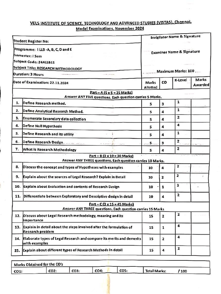 Research Methodology Model Exam 2024 | PDF