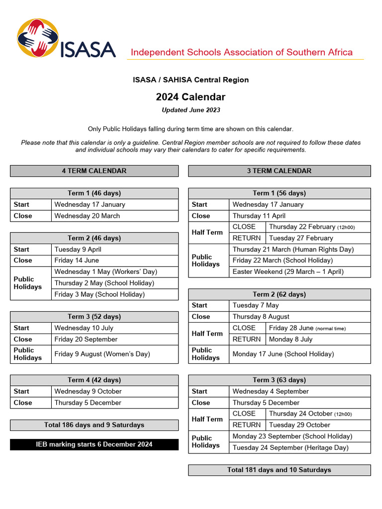 ISASA and SAHISA Central Region Calendar 2024 | PDF | Academic Term | Holidays