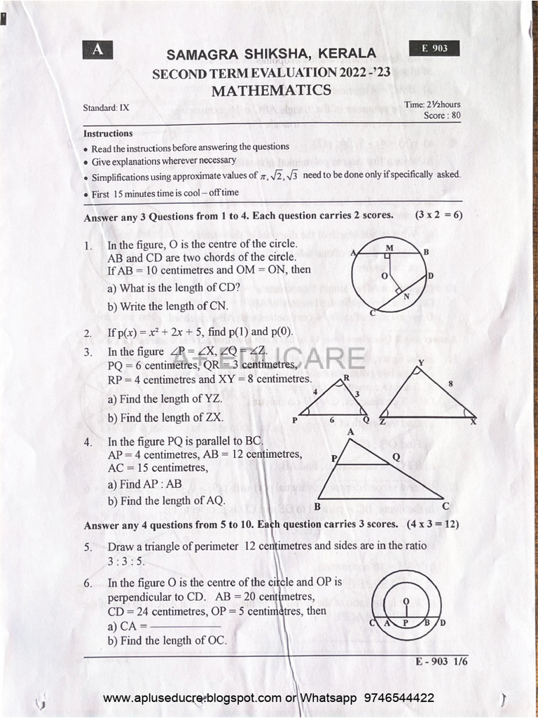 A+ Blog STD 9 Mathematics Second Term Exam 2022 23 QN em | PDF