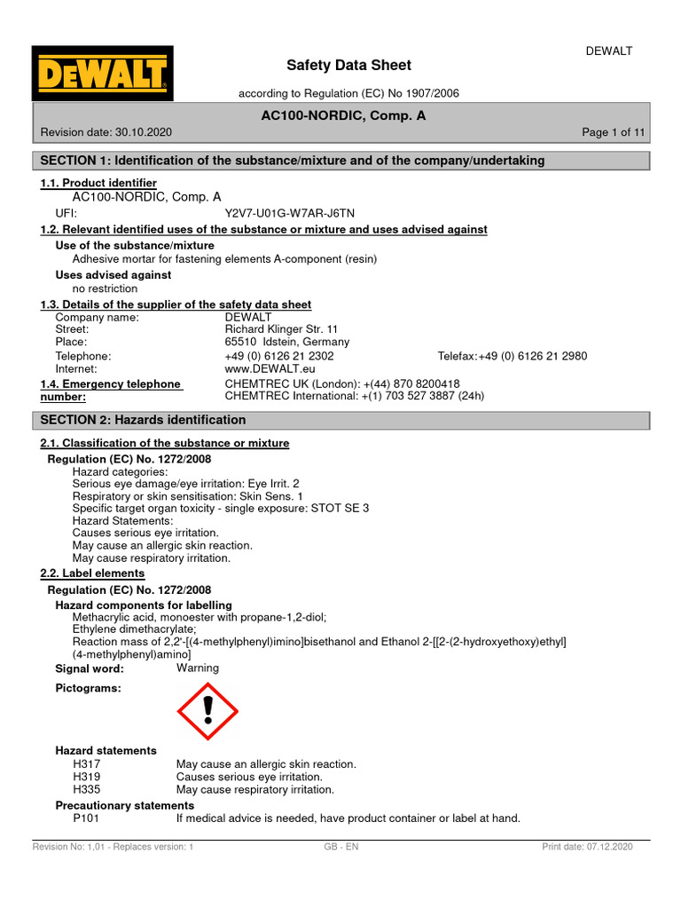 DW_Adhesive-Anchors-msds-ac100-nordic-EN | PDF | Dangerous Goods | Toxicity