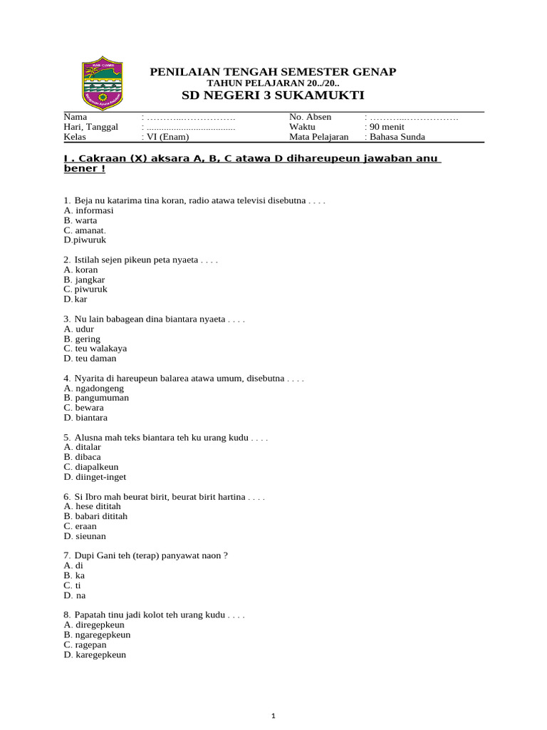 Soal UTS B. Sunda Kelas 6 Semester 2 | PDF
