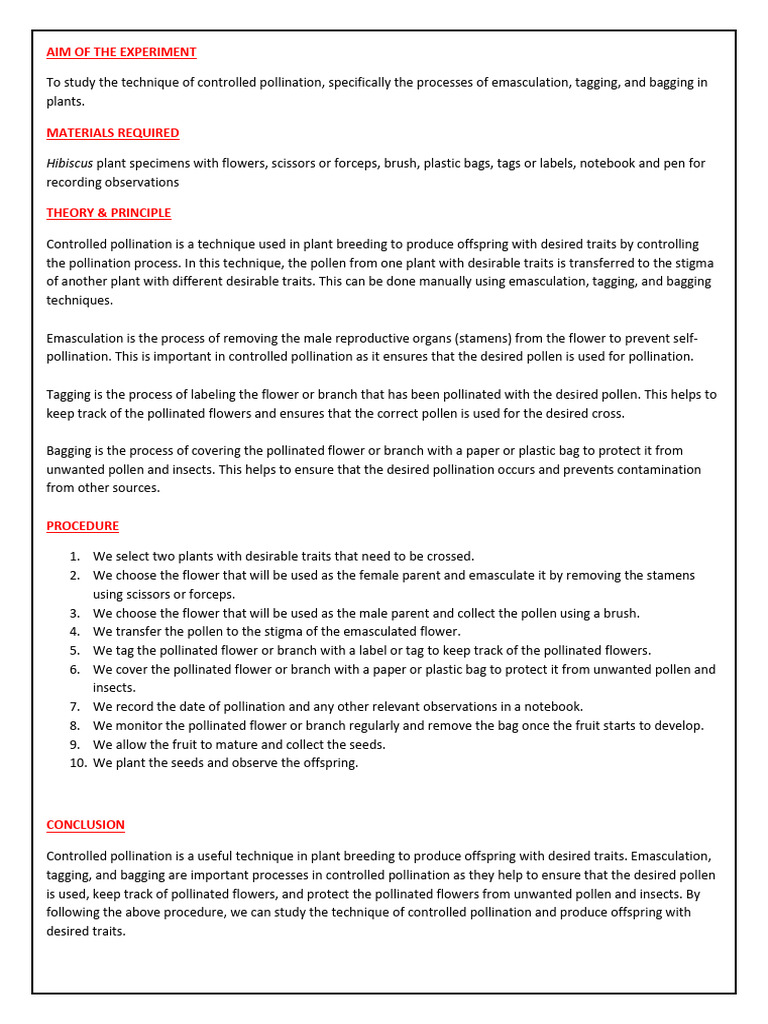 To Study The Technique of Controlled Pollination, Specifically The Processes of Emasculation ...