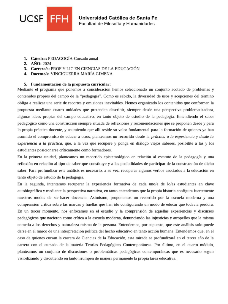 Programa Pedagogia 2024 Prof y Lic Cs Educ | PDF | Pedagogía | Maestros