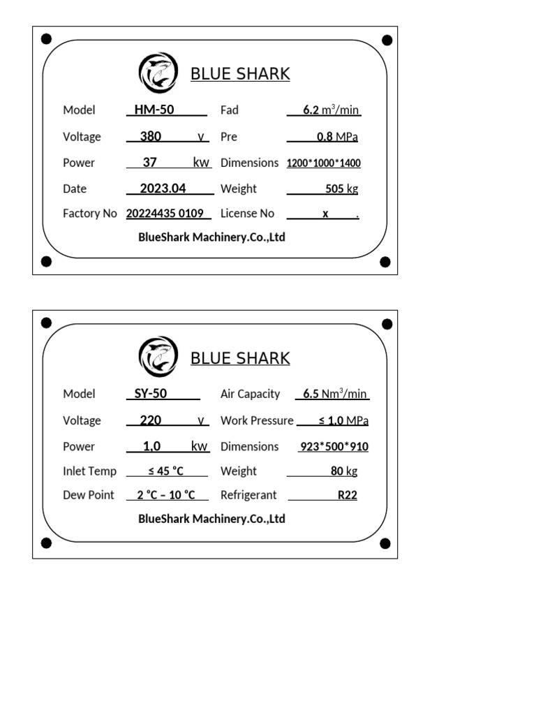 BLUE SHARK Nameplates | PDF