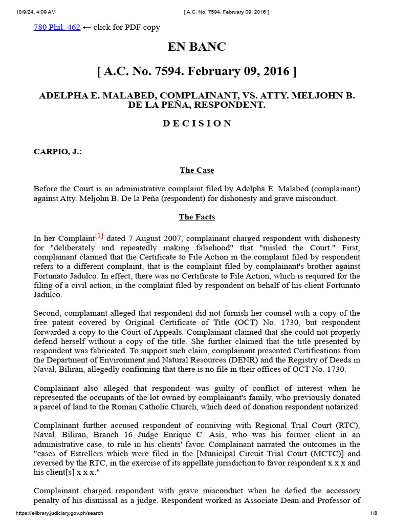 Malabed vs. De La Peña: Legal Misconduct Case | PDF | Lawsuit | Disbarment