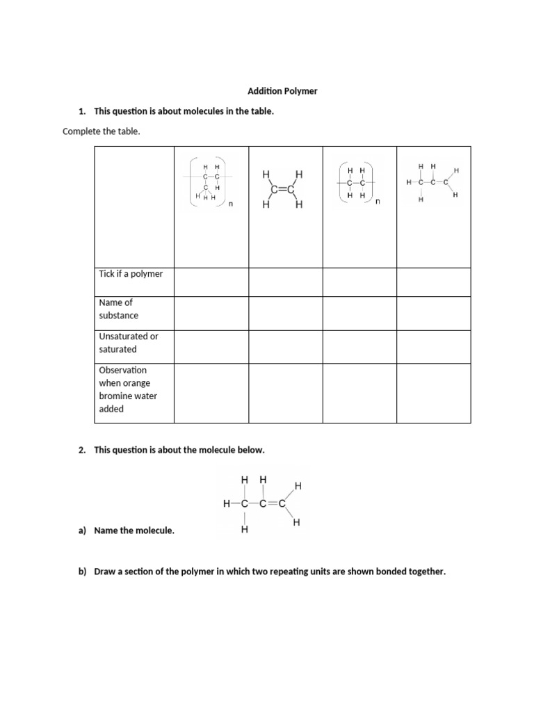 Addition Polymer Worksheet | PDF