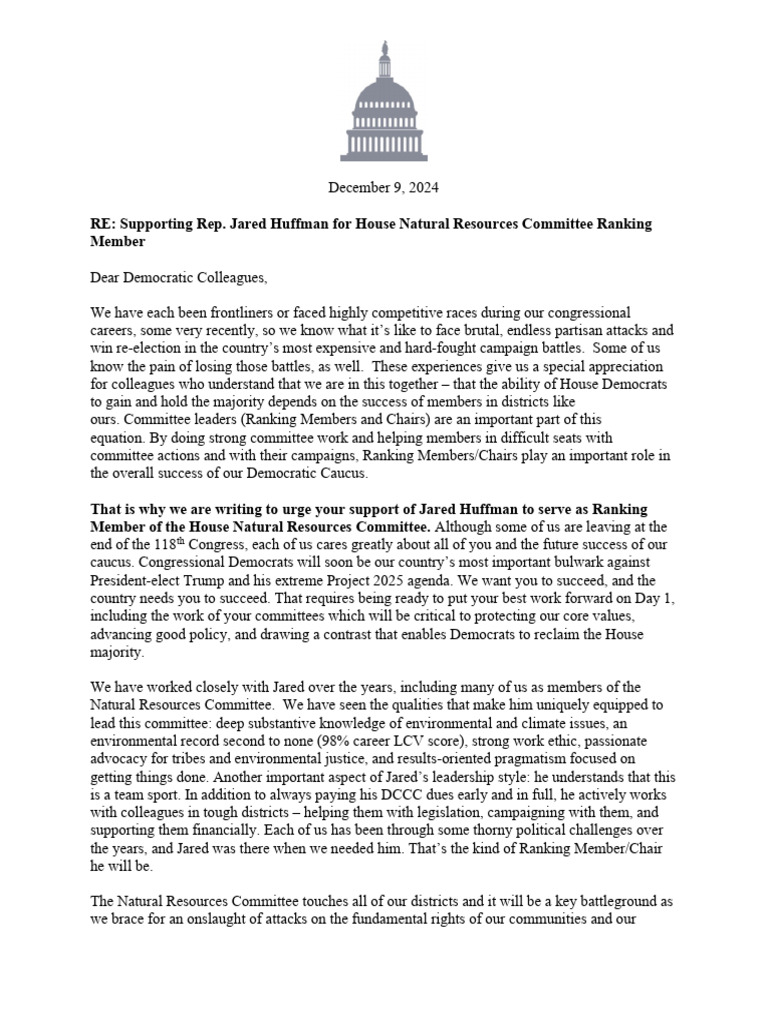Support for Jared Huffman as Ranking Member | PDF | United States House ...