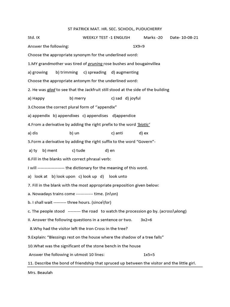 Grade 9 Weekly English Test Paper | PDF