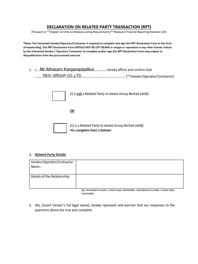 ADA Related Party Transaction Declaration Form (RPT) | PDF | Business