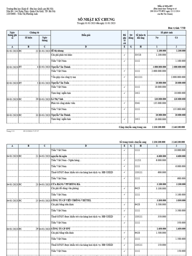 Sổ Nhật Ký Chung - BT2 | PDF