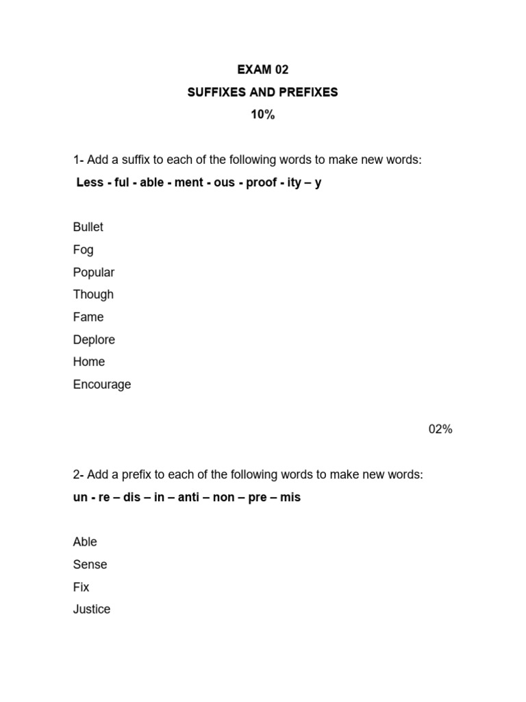 Suffixes and Prefixes Exam Guide | PDF