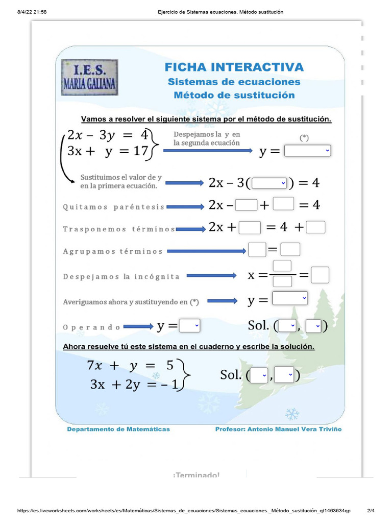 Ejercicio de Sistemas ecuaciones. Método sustitución | PDF