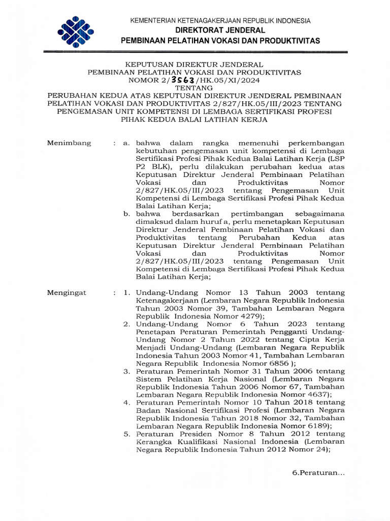 Kepdirjen Pengemasan Unit Kompetensi Di LSP P2 BLK. | PDF