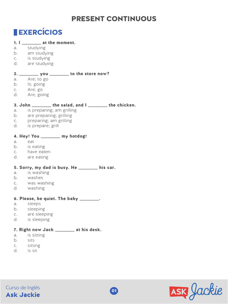Present Continuous - Exercícios | PDF | Assunto (gramática) | Tipologia linguística