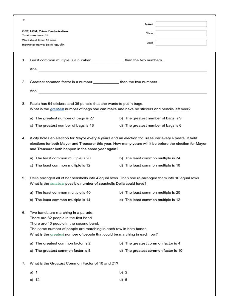 GCF, LCM, Prime Factorization. | PDF | Arithmetic | Mathematical Relations