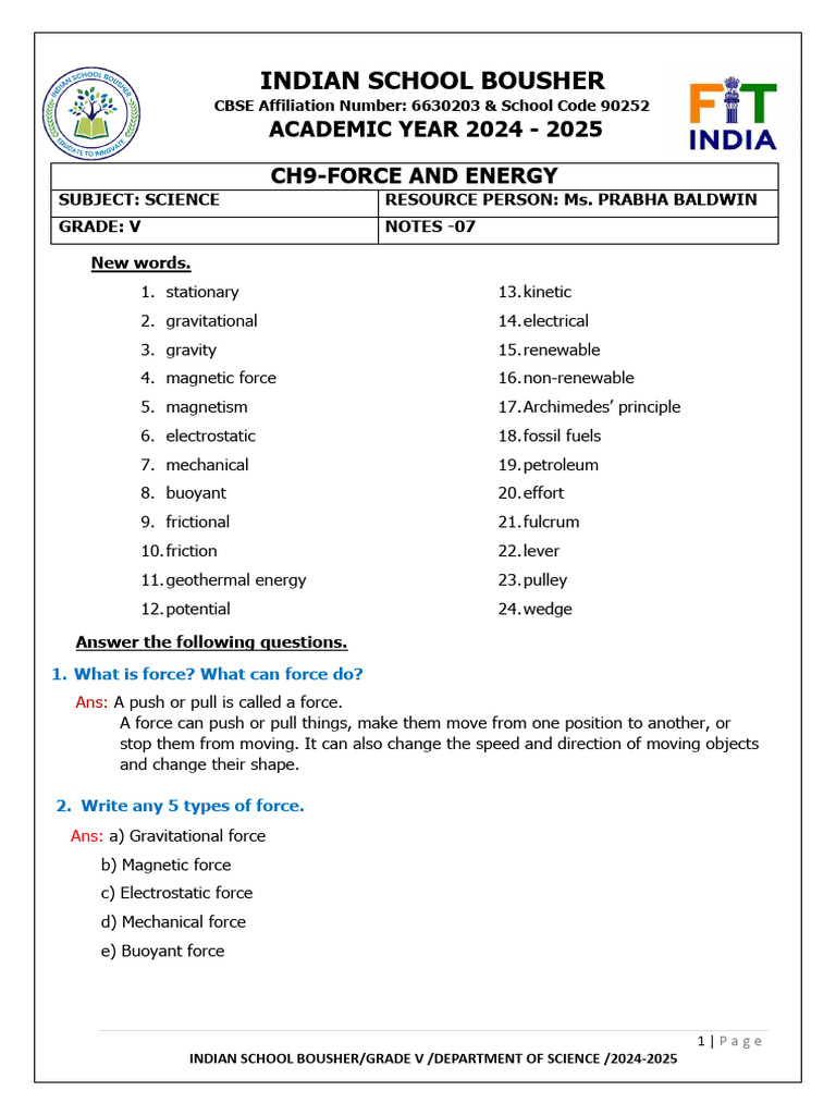 Grade V Science: Force & Energy | PDF | Force | Lever