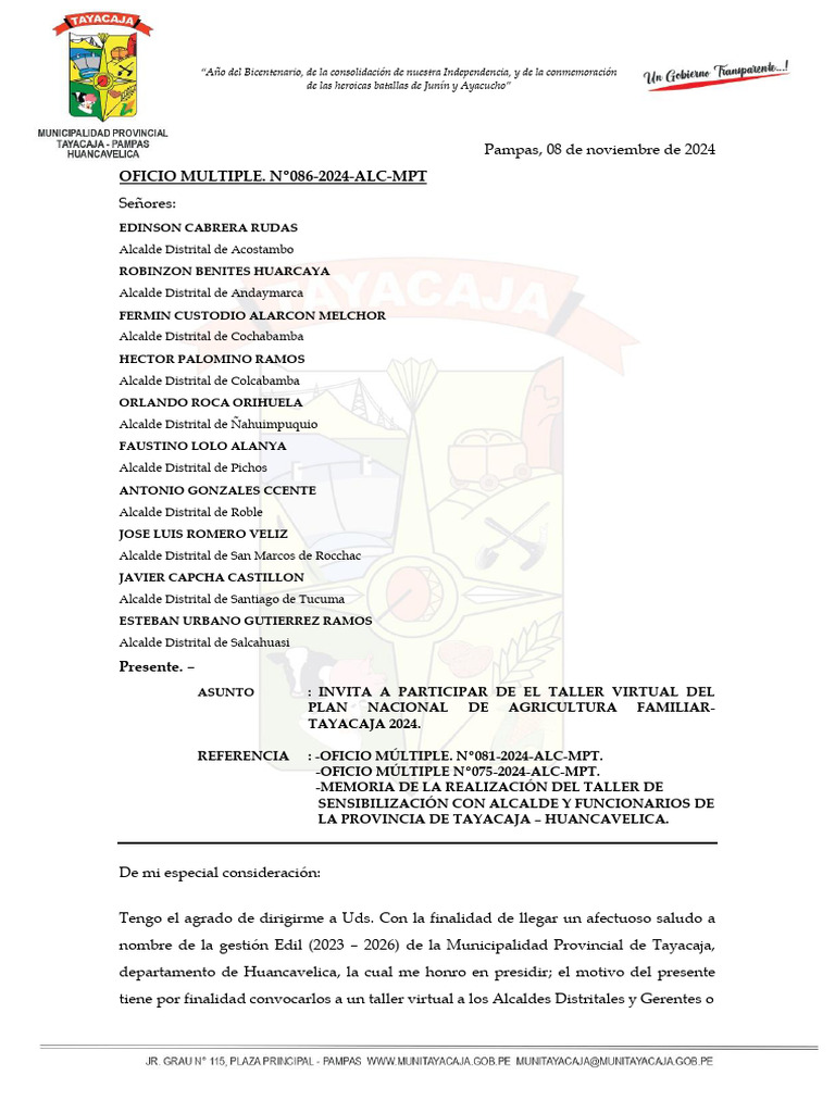OFICIO MULTIPLES N°086-2024-ALC-MPT | PDF | Perú | Presupuesto