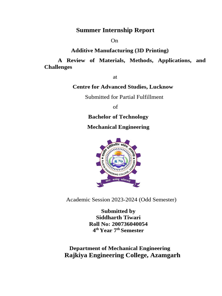 final report intern | PDF | 3 D Printing | Secondary Sector Of The Economy
