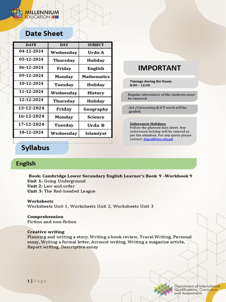 Grade 8 Date Sheet & Syllabus First Term Examination December 2024 ...