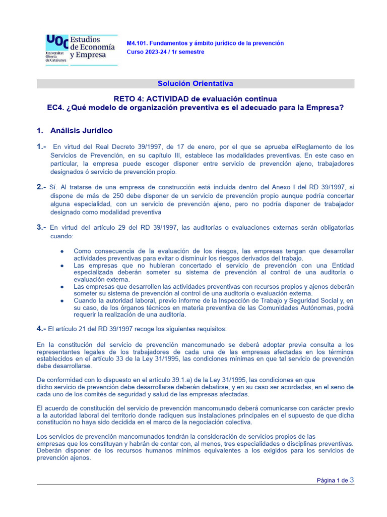 M4101_Fundamentos y ámbito jurídico de la prevención_Solución orientativa_EC4 | PDF | Business ...