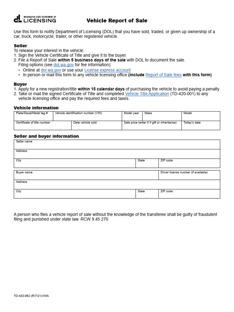 Vehicle Report of Sale: Dol - Wa.gov Dol - Wa.gov License Express ...