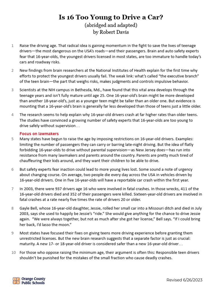 Is 16 Too Young To Drive A Car by Robert Davis | PDF | Adolescence ...