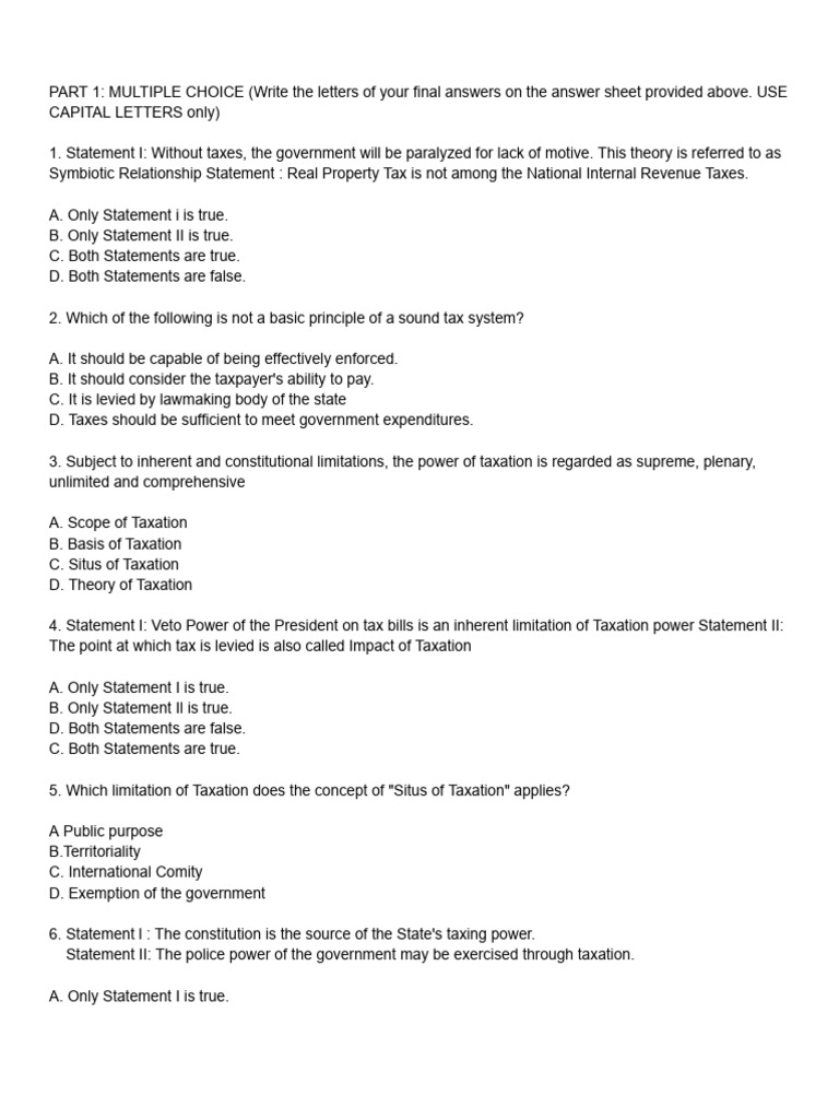 Taxation Principles and Multiple Choice Quiz | PDF | Taxes | Taxation ...